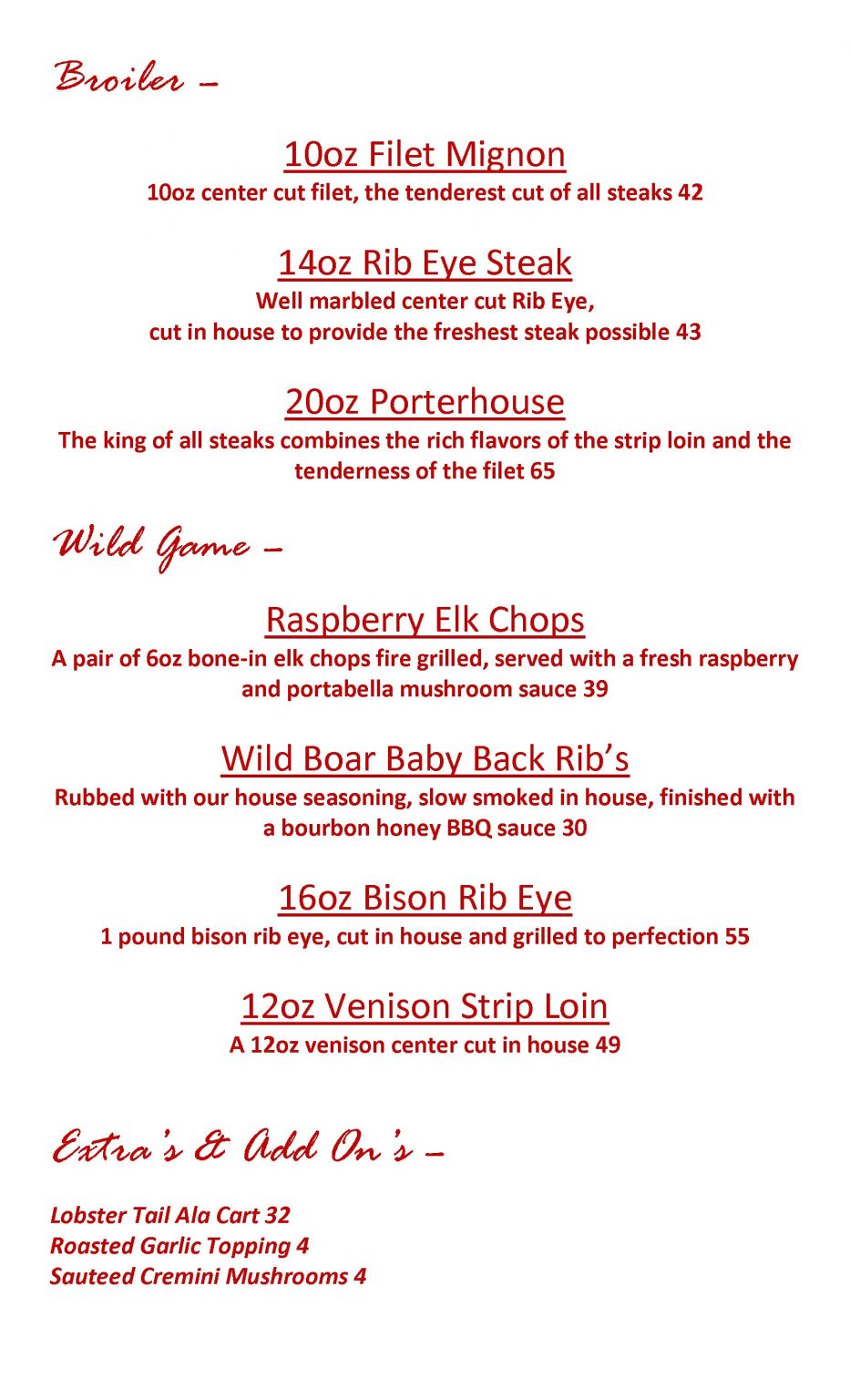 Steak House Menu At Topaz Lodge Casino Resort | Topaz Lodge