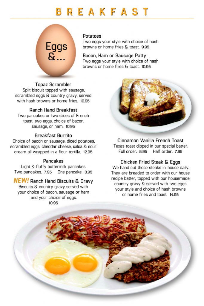 Lakeview Diner Menu Breakfast, Burgers, Home Cooking | Topaz Lodge