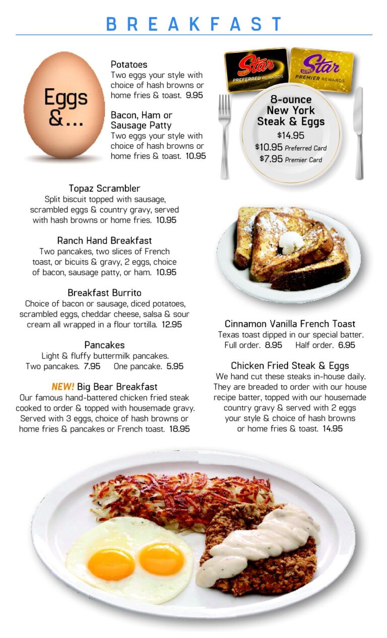 Lakeview Diner Menu Breakfast, Burgers, Home Cooking | Topaz Lodge